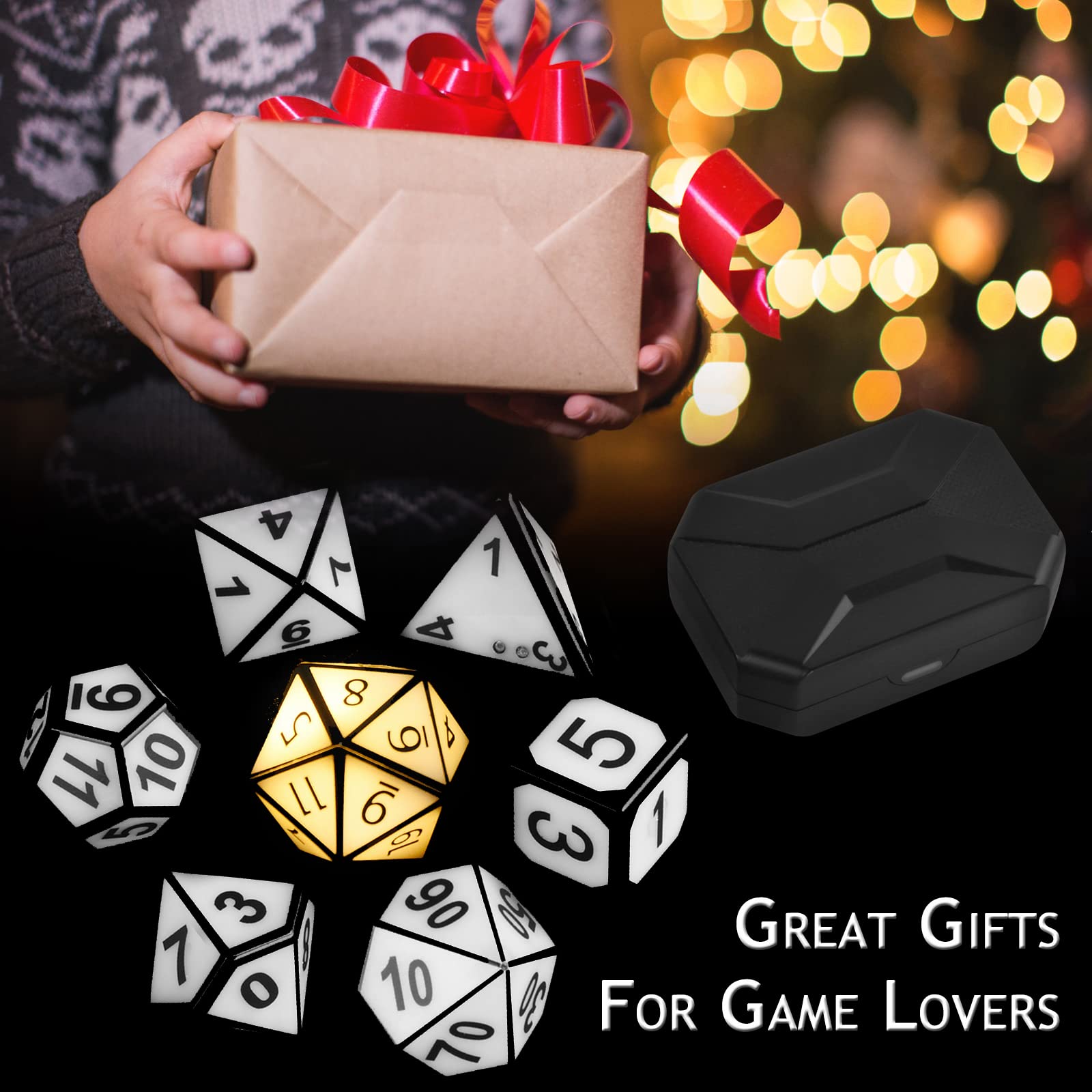 Light Up DND Dice, USB Rechargeable Electric Dice with Charging Box, 7 Pcs Glowing Polyhedral Dice Set, Shake to LED D&D Dice Set for Dungeons and Dragons RPG Role Playing Table Games