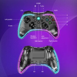 Joso Mobile Gaming Controller for iPhone/Android/PC/PS4 with RGB, Wireless Switch Controller with 6-Axis Gyro/Dual Vibration/Customized Buttons/Turbo, Transparent Mobile Gamepad with Phone Holder