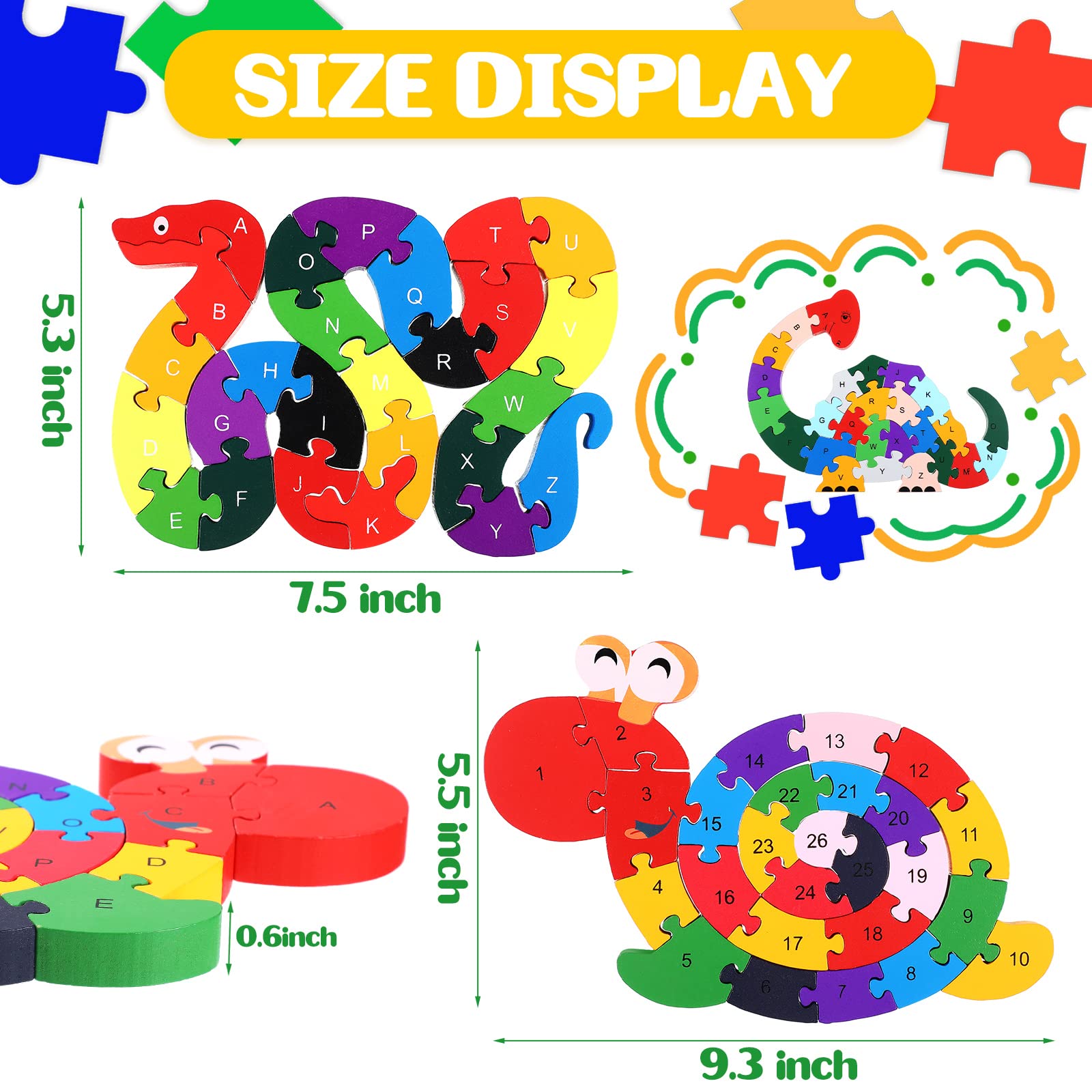 4 Pcs Alphabet Jigsaw Puzzle Building Blocks Animal Wooden Puzzle Wooden Alphabet Puzzle Snake Elephant Dinosaur Snail Blocks Toys ABC Alphabet Animal Puzzle for Preschool Learning