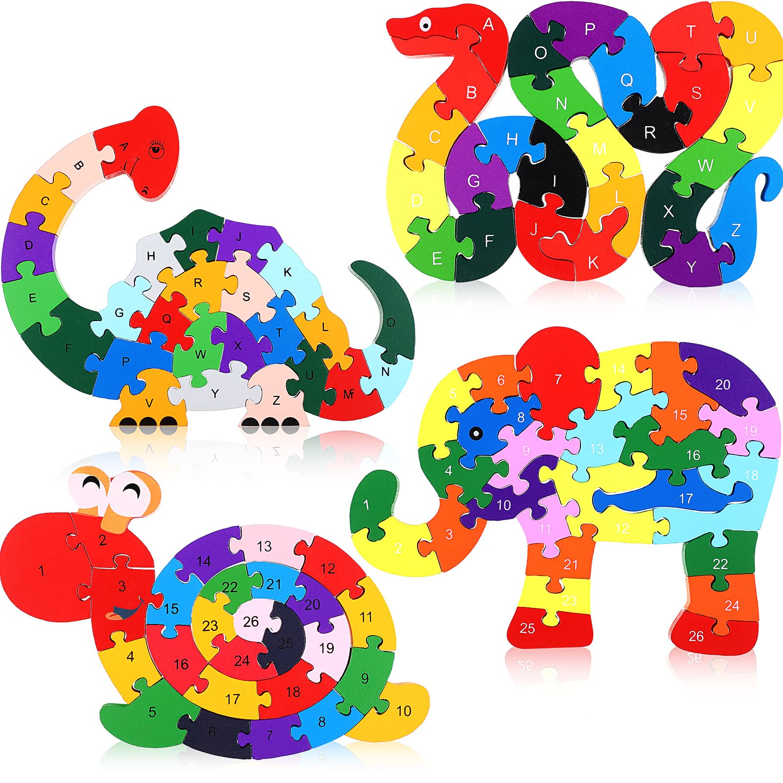 4 Pcs Alphabet Jigsaw Puzzle Building Blocks Animal Wooden Puzzle Wooden Alphabet Puzzle Snake Elephant Dinosaur Snail Blocks Toys ABC Alphabet Animal Puzzle for Preschool Learning