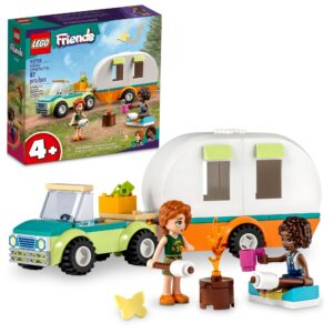 lego friends holiday camping trip 41726, toy caravan with car, toy camper van, pretend play toy camping set for kids, girls and boys 4+ year old, forest adventure set with two minifigures