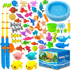 kiditos 60pcs magnetic fishing bath toys game set,swimming fish toys for bathtub,water table bathtub toys for toddlers kids age 3-6, pool toys for pretend play&education teaching&learning colors