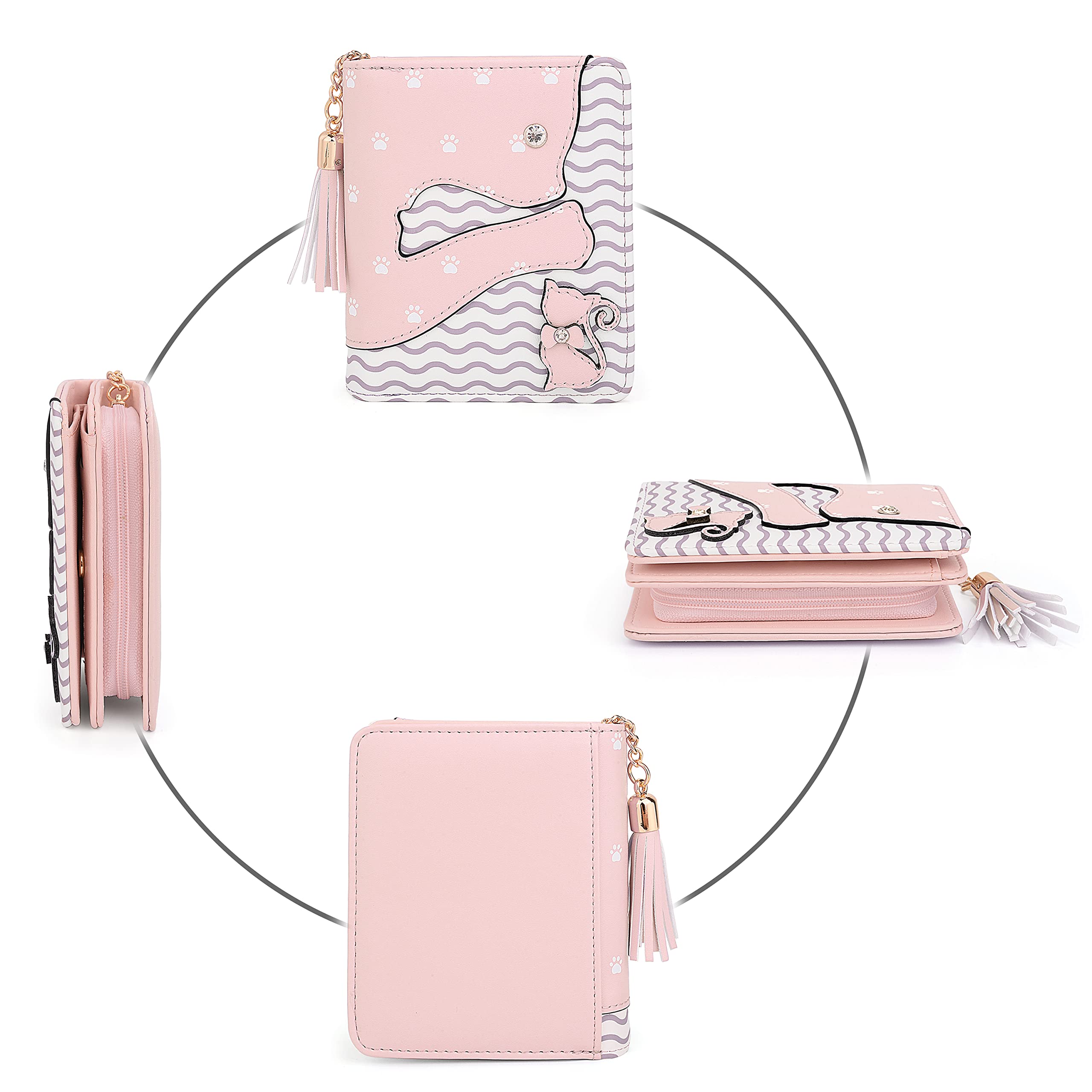 UTO Wallet for Girls Cute Cat Leather Vegan Small Women Card Holder Kawaii Coin Purse with Tassel