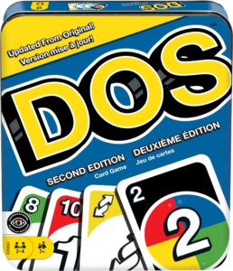 mattel games dos card game second edition, family travel game with updated rules for kids & adults in storage tin