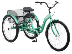 schwinn meridian adult tricycle bike, mens and womens three wheel beach cruiser, 26-inch wheels, low step-through frame, wide seat, rear folding basket, single-speed, green