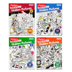 highlights hidden pictures 2023 activity books for kids ages 6 and up, 4-book set of travel-friendly screen free seek and find fun, books double as coloring books