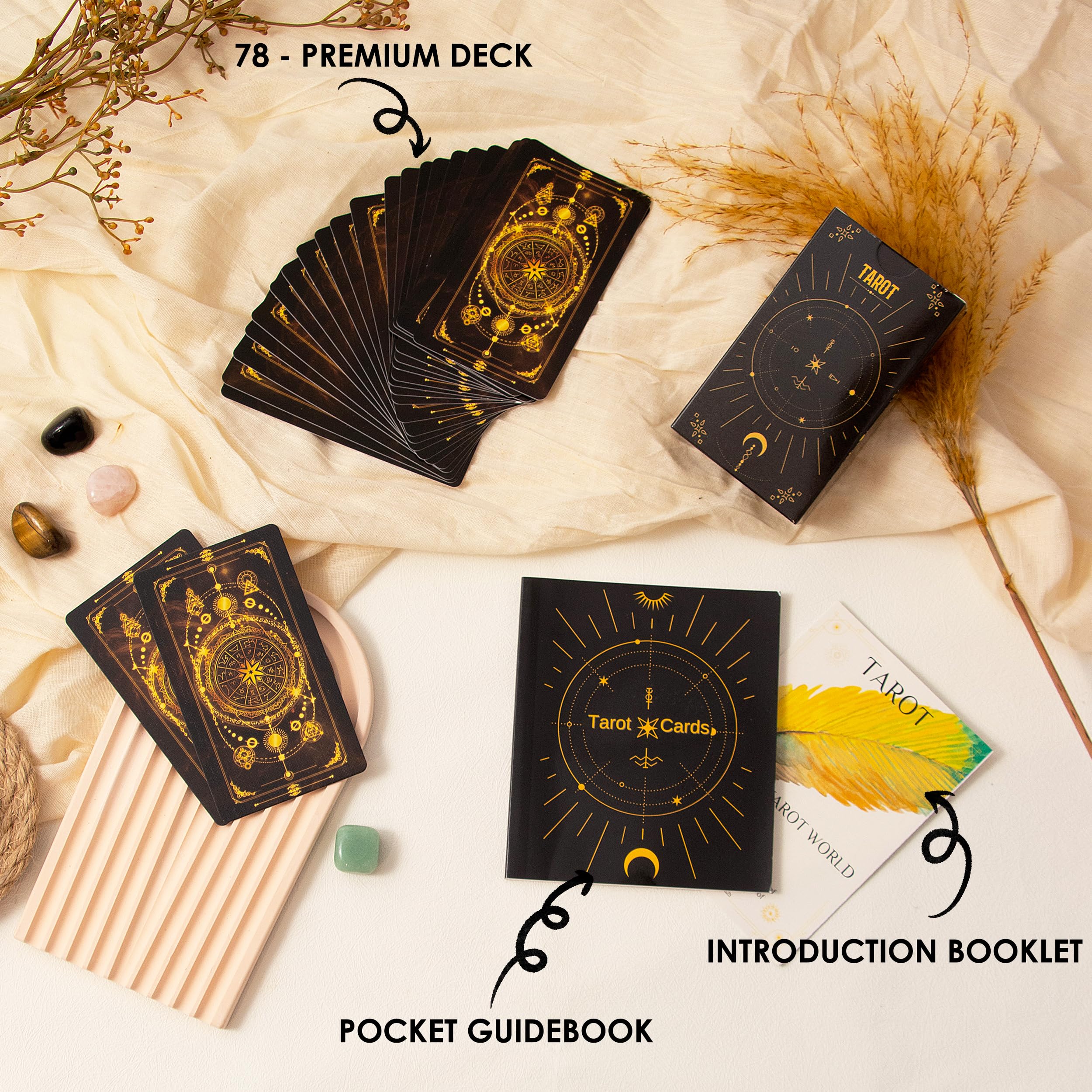 78 Tarot Cards with Guide Book, Black Tarot Deck Gift Set with Tarot Cloth, Chakra Stones and More, Tarot Cards Deck Fortune Telling Game Craft Cardboard for Beginners and Expert Readers