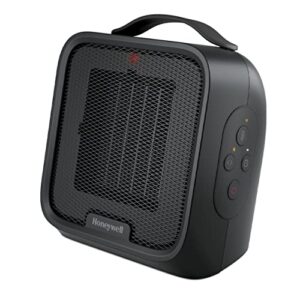 honeywell uberheat plus ceramic space heater for small rooms, quiet, compact personal heater with variable heat settings and auto-off timer, black, hce220b