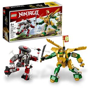 lego ninjago lloyd’s mech battle evo building set 71781, with 2 action figures, 2 posable ninja action figures to build, ninja toy for kids ages 6+ with bone warrior and golden lloyd minifigures