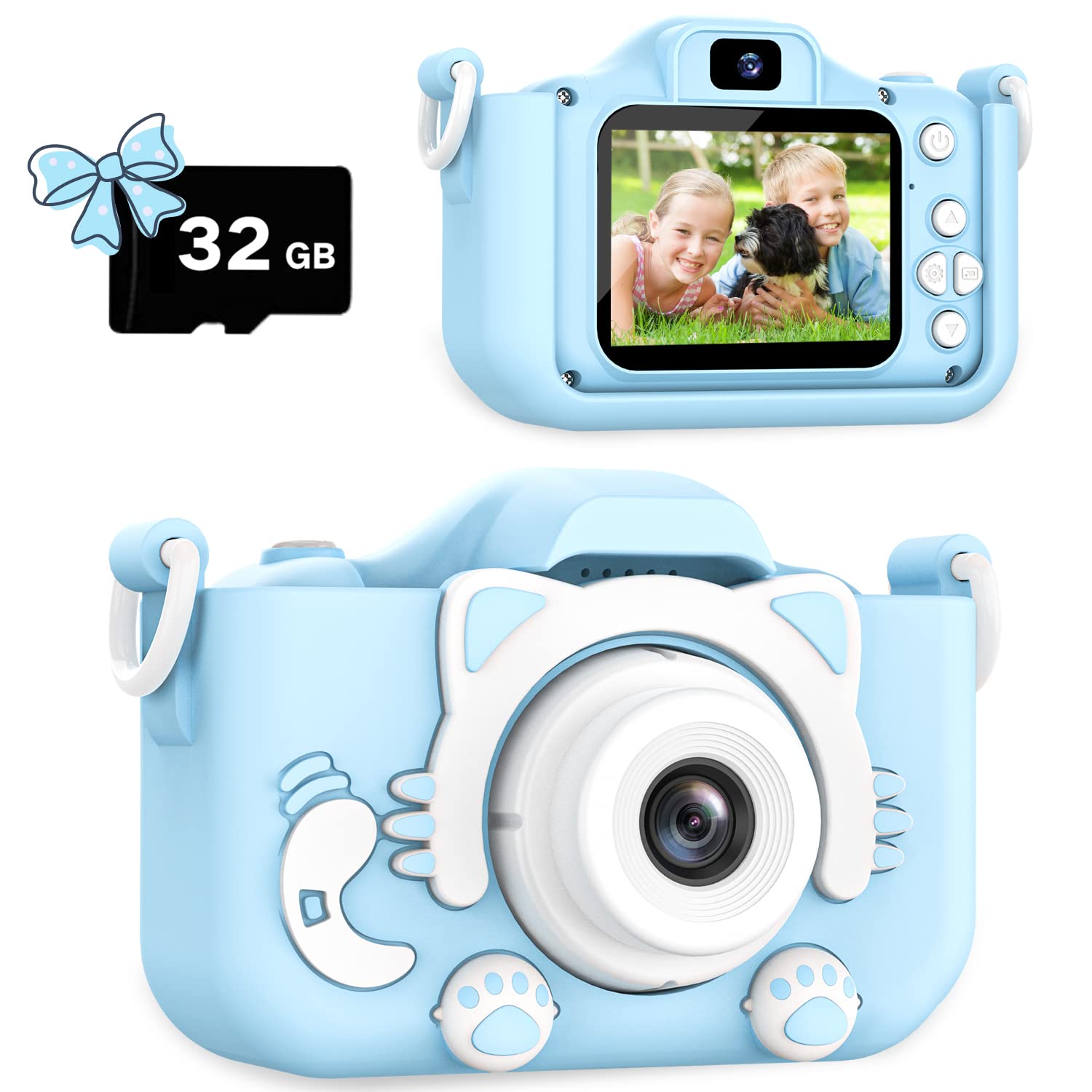 Dwfit Upgrade Selfie Kids Camera, Christmas Birthday Gifts for Boys Girls Age 3-12, HD Kids Digital Video Cameras for Toddler with Cartoon Soft Silicone Cover, Portable Toy for 3 4 5 6 7 8 Years Old