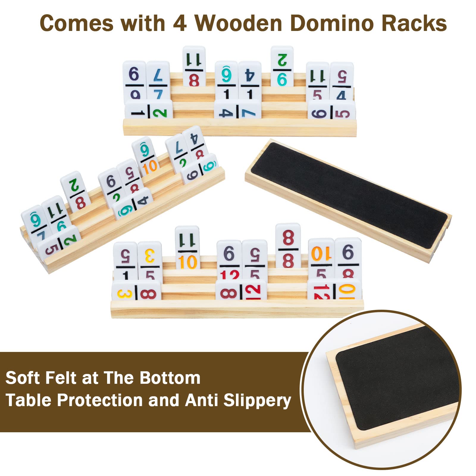 Mexican Train Dominoes Set with Numbers and 4 Wooden Trays/Racks, Double 12 Dominos Travel Set with 4 Tiles Holders, 91 Tiles Double 12 Colored Dominoes Game Set with Portable Case for Families Kids