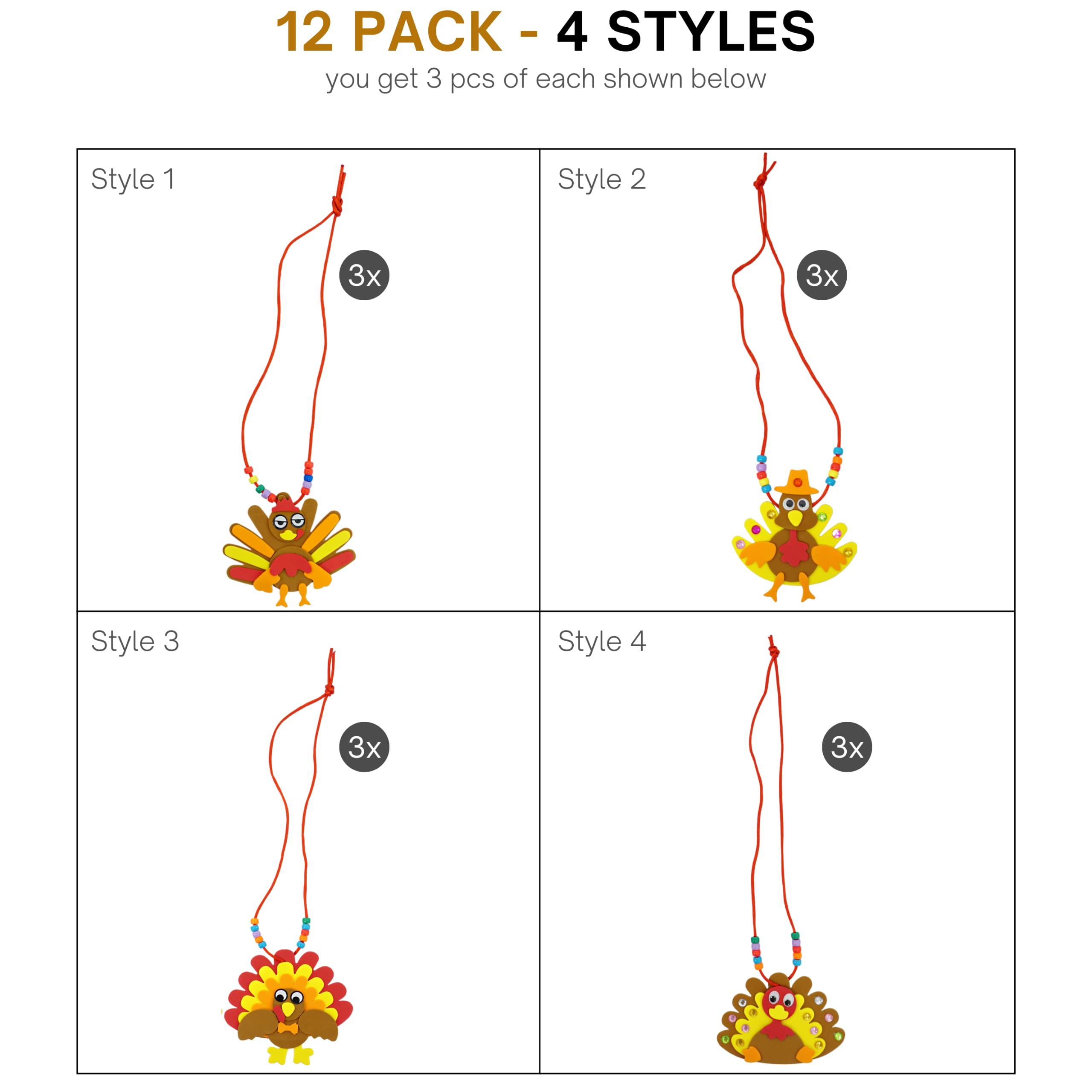 4E's Novelty Thanksgiving Necklace Crafts for Kids Bulk – 12 Pack DIY Turkey Necklace Craft for Kids with 4 Styles, Thanksgiving Favors for Kids, Thanksgiving Toddler Craft, & Turkey Craft Kit