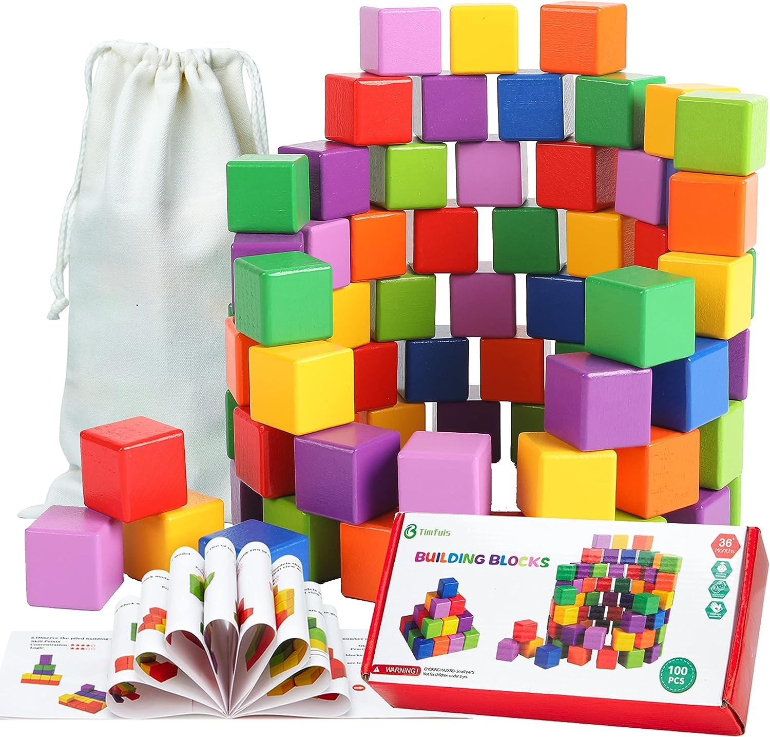 100PCS Wooden Building Blocks Stacking Game - 1 inch Rainbow Counting Blocks for Kids - Preschool Learning Educational Toys for Toddlers Boys Girls