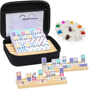 mexican train dominoes set with 4 wooden trays/racks, double 12 dominos travel set with 4 domino tiles holders, 91 tiles double 12 colored dominoes game set with portable case for families kids