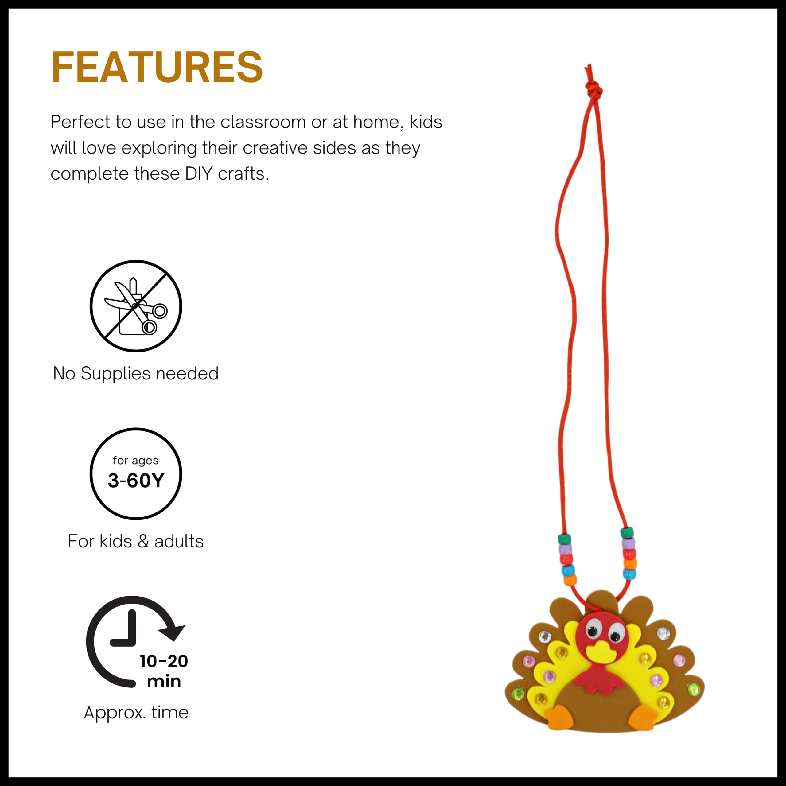 4E's Novelty Thanksgiving Necklace Crafts for Kids Bulk – 12 Pack DIY Turkey Necklace Craft for Kids with 4 Styles, Thanksgiving Favors for Kids, Thanksgiving Toddler Craft, & Turkey Craft Kit