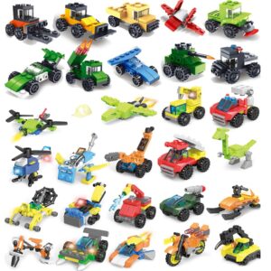 uvini 30 boxes military vehicles and engineering cars building brick sets, 3d assembly cars truck helicopter for party favors, kids prizes, mini building block car toys for boys and girls