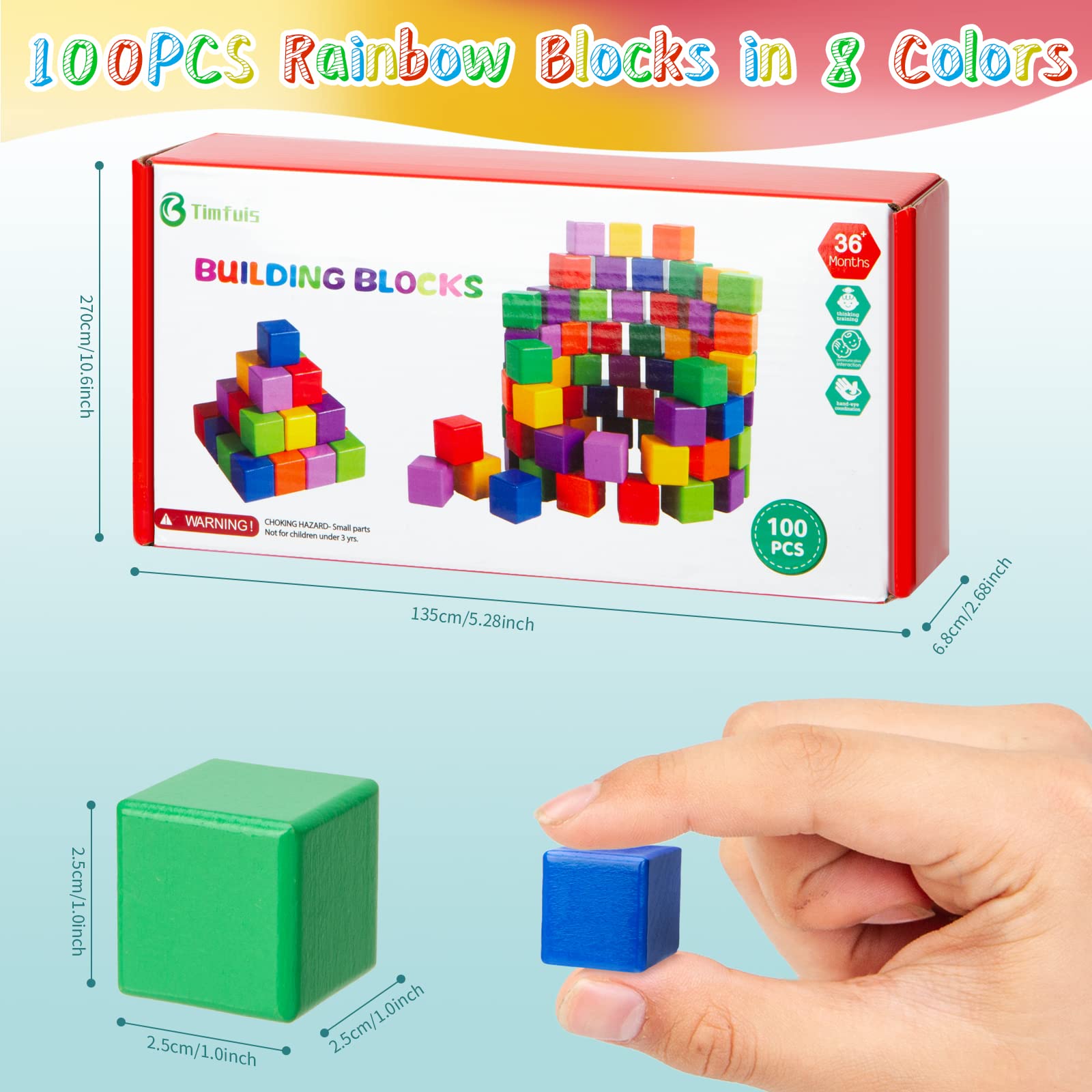 100PCS Wooden Building Blocks Stacking Game - 1 inch Rainbow Counting Blocks for Kids - Preschool Learning Educational Toys for Toddlers Boys Girls