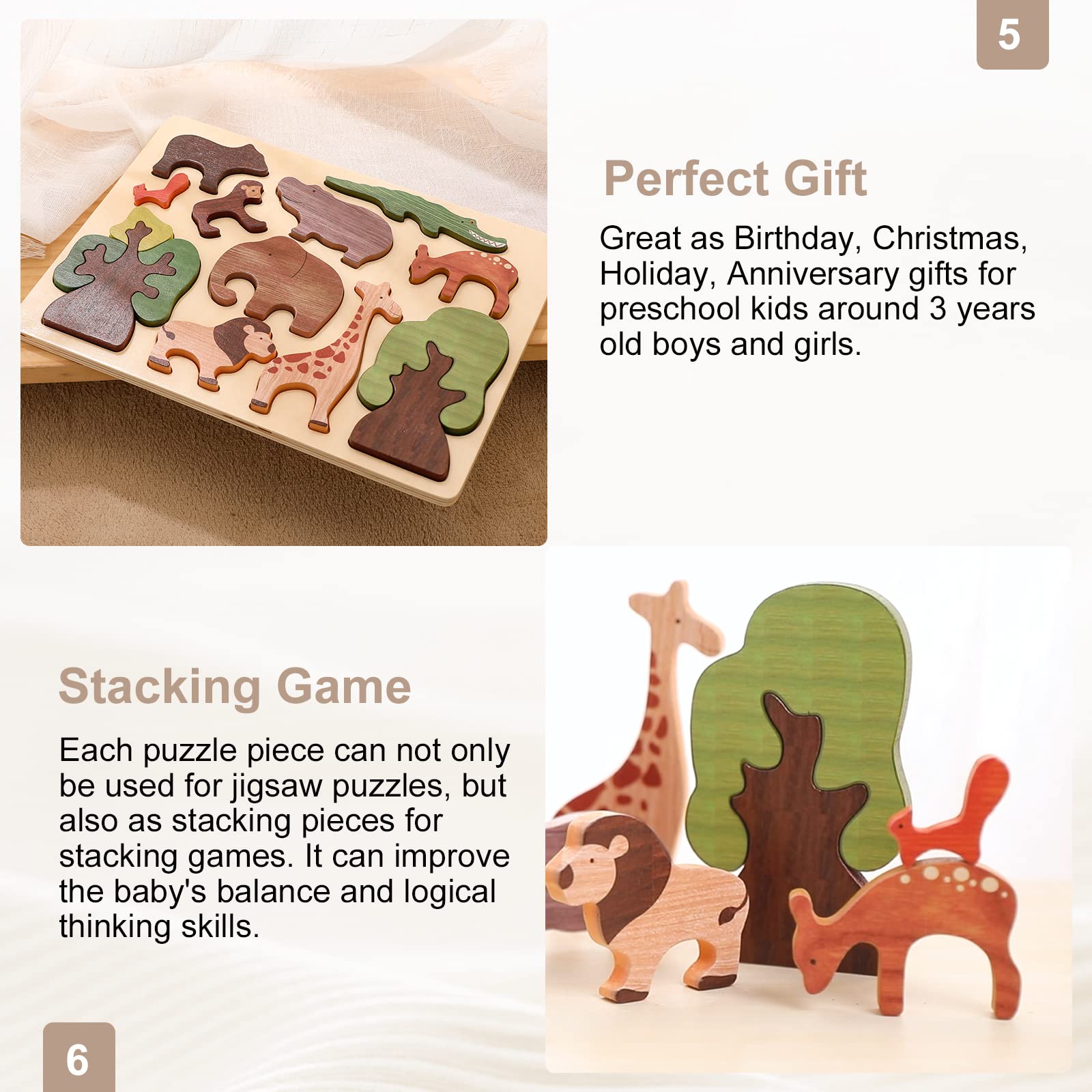 Samonyed Animal Wooden Puzzles for Toddlers, Montessori Early Development Learning Forest Puzzle, Basswood Tree Toy for 3 Years Boys & Girls Birthday