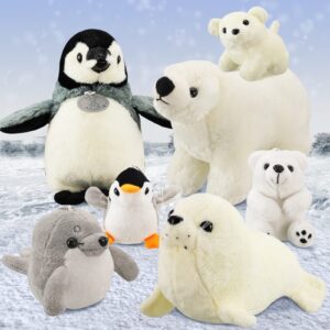 funtery 7 pieces large stuffed arctic animals set cute plush stuffed ocean animal include seal polar bear penguin plush sea creature toys set for birthday wedding party favor gift(ocean animals)