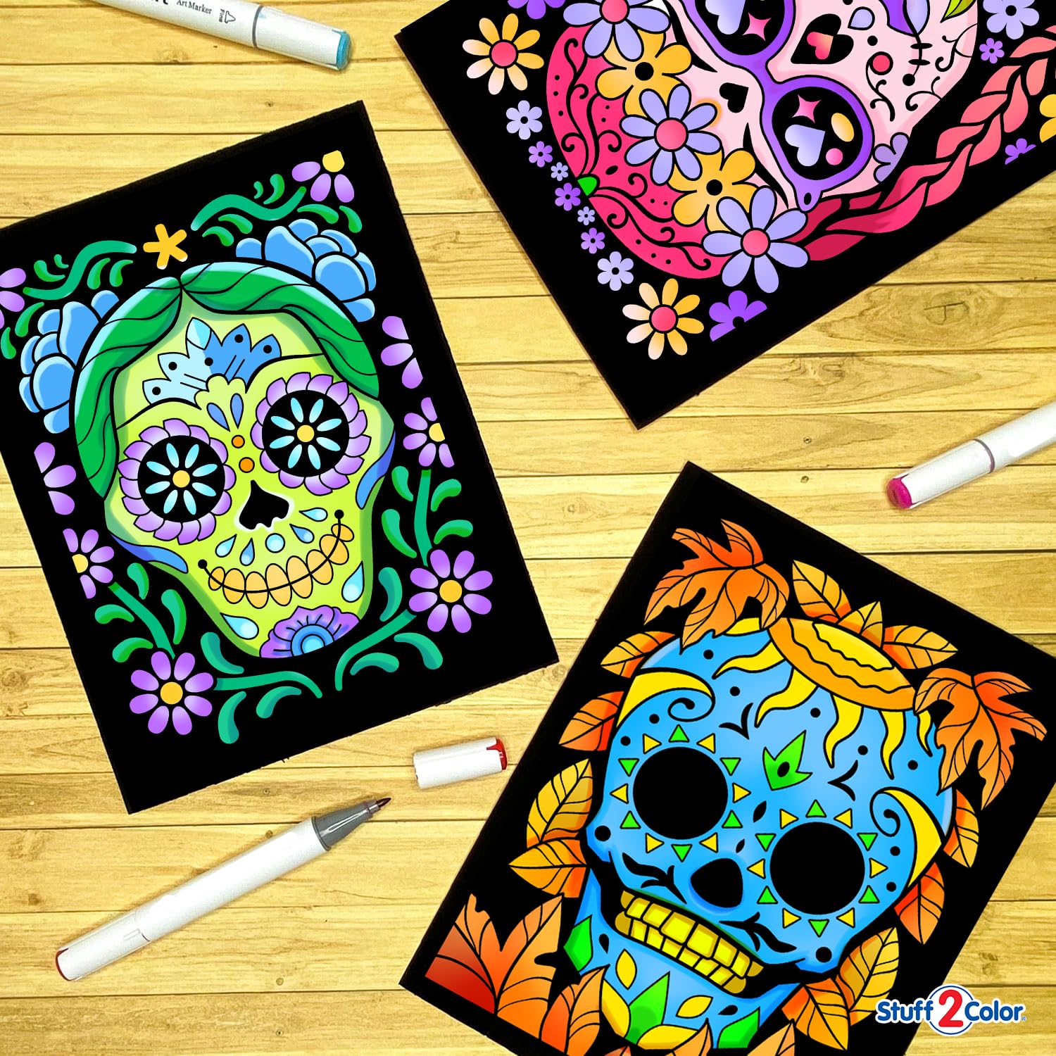 Stuff2Color Super Pack of 18 Fuzzy Velvet Coloring Posters (Sugar Skulls Edition) - Great Kid Friendly Halloween, Day of the Dead, Dia de los Muertos Arts and Craft Activity [All Ages Fun] (1 Pack)