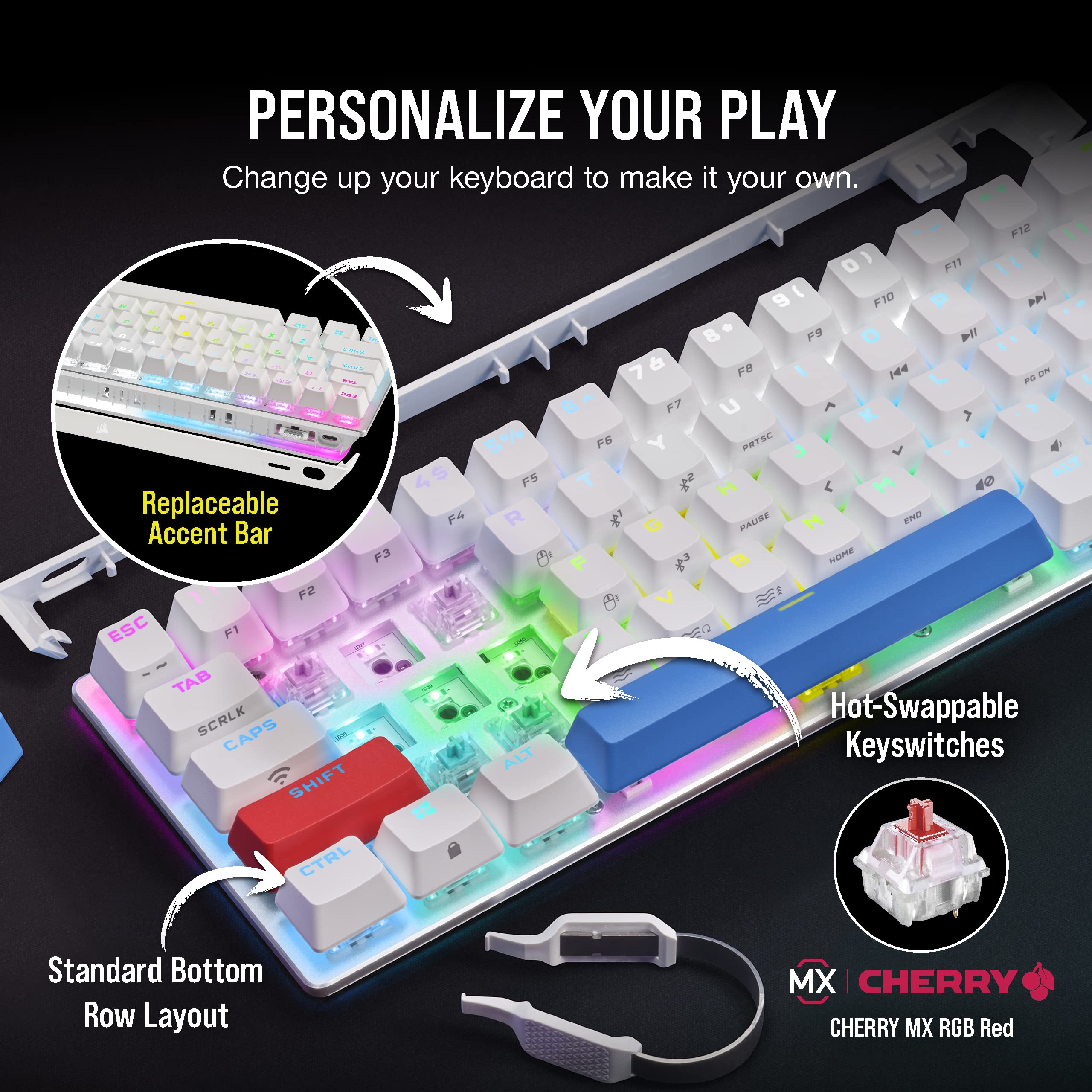 Corsair K70 PRO MINI WIRELESS RGB 60% Mechanical Gaming Keyboard - Fastest Sub-1ms Wireless, Swappable CHERRY MX Red Keyswitches, Aluminum Frame, PBT Double-Shot Keycaps - NA Layout, QWERTY - White