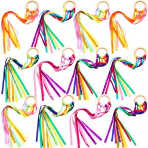 12 pcs rainbow ribbon wooden waldorf toys creative waldorf hand kite set streamers with wood ring sensory learning educational toy for playroom dancing birthday (bright)