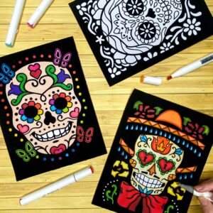 Stuff2Color Super Pack of 18 Fuzzy Velvet Coloring Posters (Sugar Skulls Edition) - Great Kid Friendly Halloween, Day of the Dead, Dia de los Muertos Arts and Craft Activity [All Ages Fun] (1 Pack)