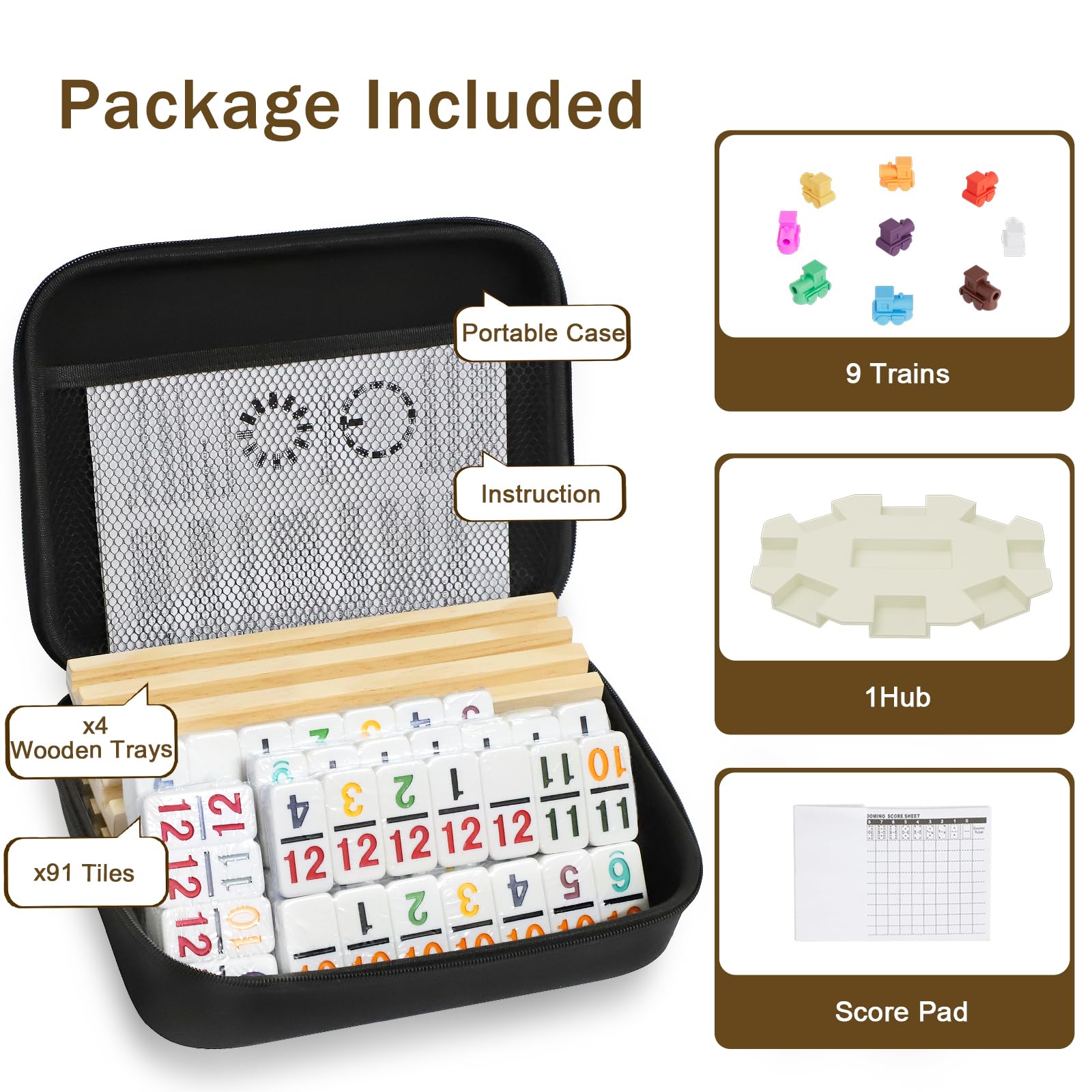 Mexican Train Dominoes Set with Numbers and 4 Wooden Trays/Racks, Double 12 Dominos Travel Set with 4 Tiles Holders, 91 Tiles Double 12 Colored Dominoes Game Set with Portable Case for Families Kids