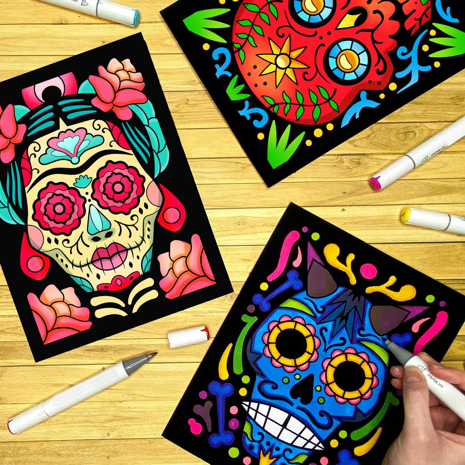 Stuff2Color Super Pack of 18 Fuzzy Velvet Coloring Posters (Sugar Skulls Edition) - Great Kid Friendly Halloween, Day of the Dead, Dia de los Muertos Arts and Craft Activity [All Ages Fun] (1 Pack)