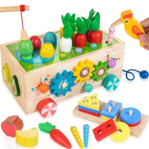 montessori toys for 1+ year old, 8-in-1 wooden activity truck toy includes carrot harvest game, sorting & stacking toy, magnetic fishing game, learning toy for toddlers, xmas birthday gift for kids