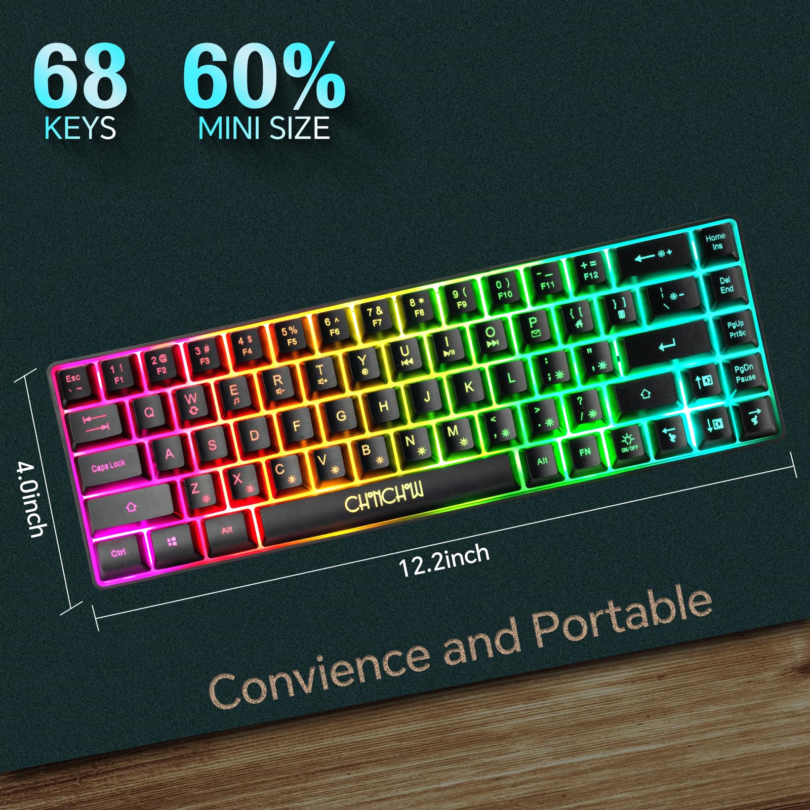 60% Gaming LED Keyboard RGB 68 Keys Layout Wired Keypad with 10 Preset Effects Mechanical Switch Feel Compatible with PC Mac Linux Xbox one PS4 PS5