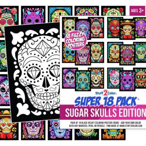 Stuff2Color Super Pack of 18 Fuzzy Velvet Coloring Posters (Sugar Skulls Edition) - Great Kid Friendly Halloween, Day of the Dead, Dia de los Muertos Arts and Craft Activity [All Ages Fun] (1 Pack)