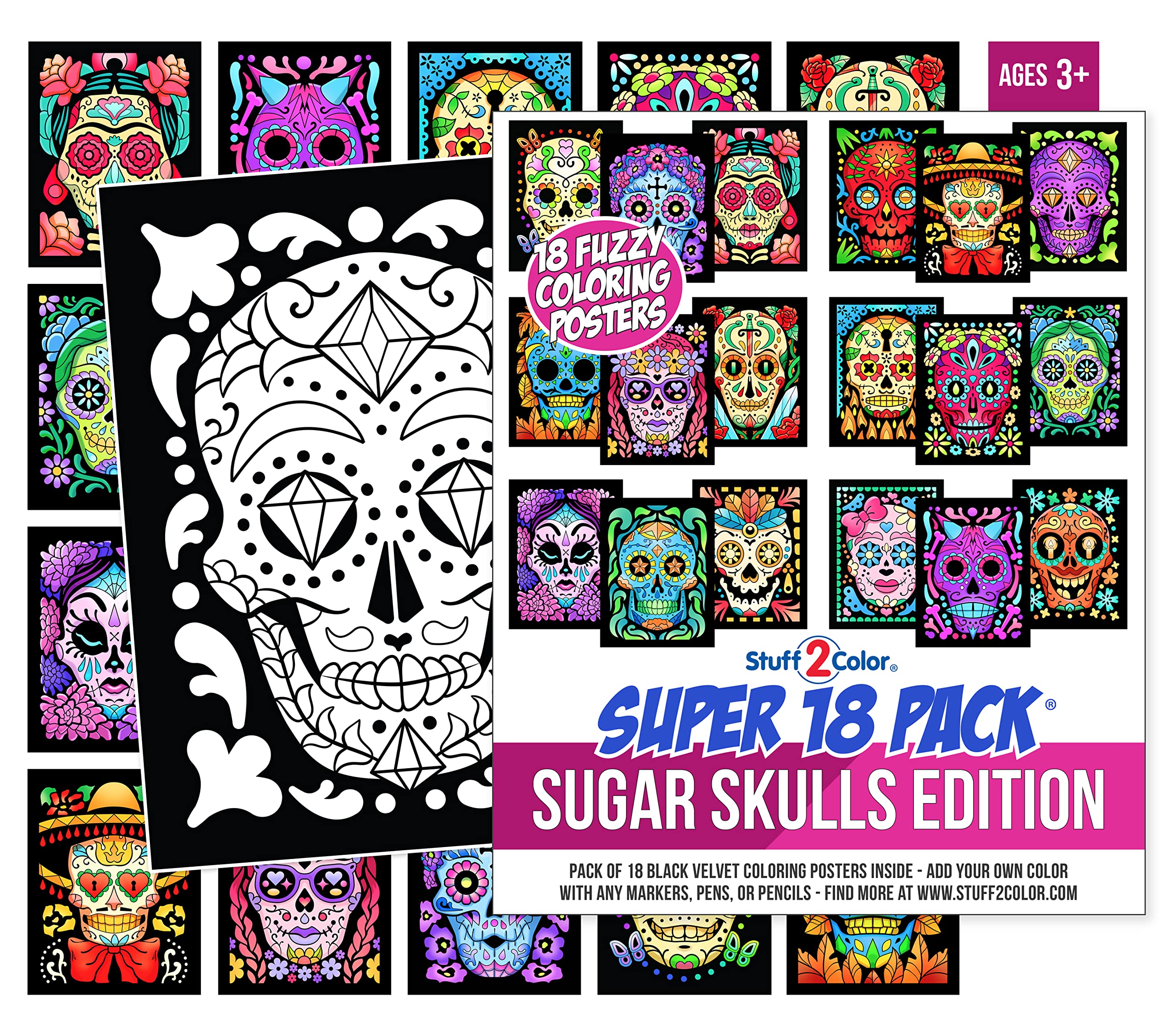 Stuff2Color Super Pack of 18 Fuzzy Velvet Coloring Posters (Sugar Skulls Edition) - Great Kid Friendly Halloween, Day of the Dead, Dia de los Muertos Arts and Craft Activity [All Ages Fun] (1 Pack)