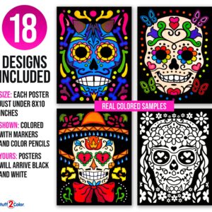 Stuff2Color Super Pack of 18 Fuzzy Velvet Coloring Posters (Sugar Skulls Edition) - Great Kid Friendly Halloween, Day of the Dead, Dia de los Muertos Arts and Craft Activity [All Ages Fun] (1 Pack)