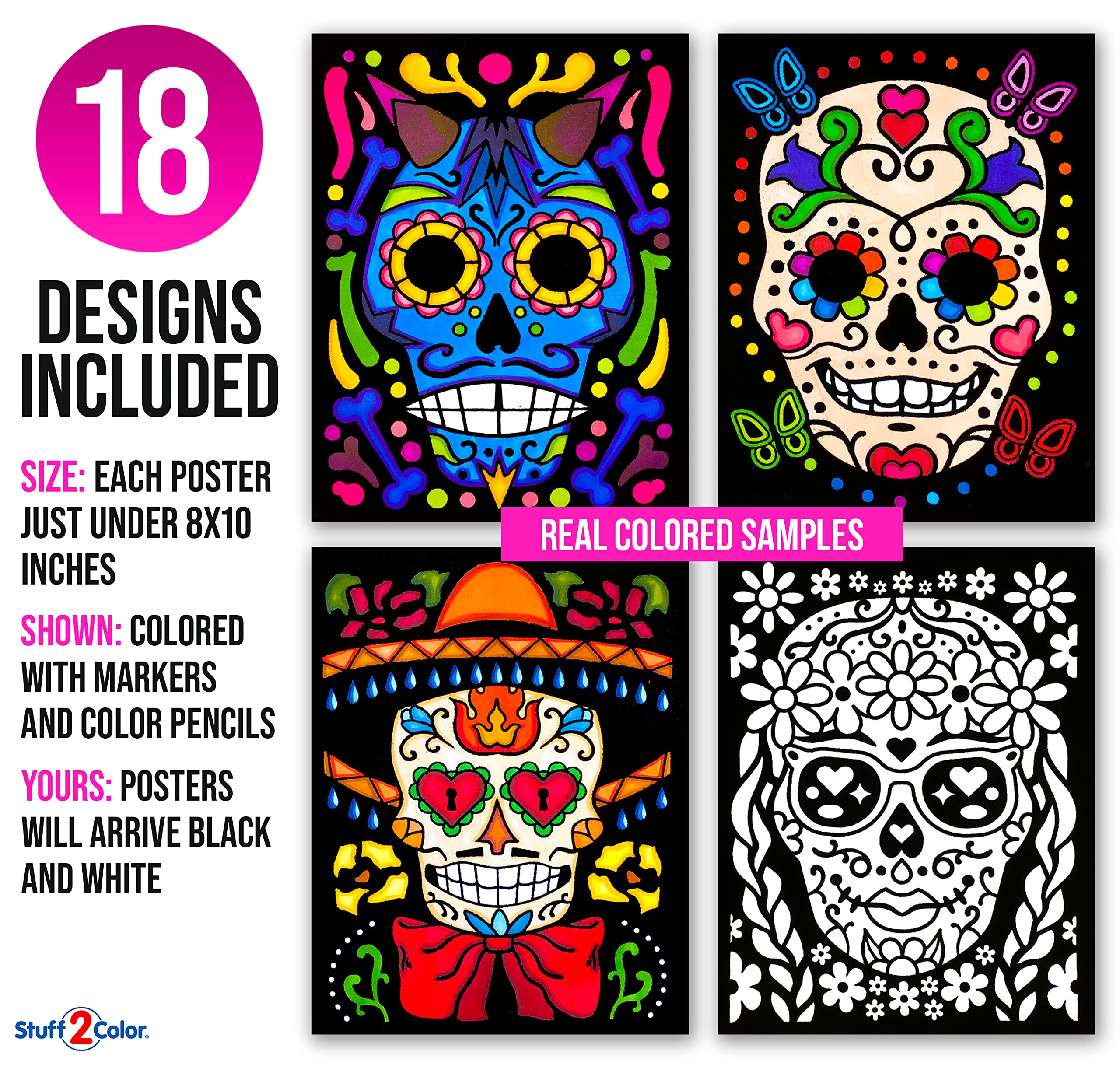 Stuff2Color Super Pack of 18 Fuzzy Velvet Coloring Posters (Sugar Skulls Edition) - Great Kid Friendly Halloween, Day of the Dead, Dia de los Muertos Arts and Craft Activity [All Ages Fun] (1 Pack)