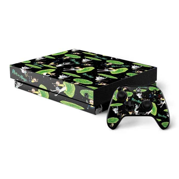 Skinit Decal Gaming Skin Compatible with Xbox One X Console and Controller Bundle - Officially Licensed Warner Bros Rick and Morty Portal Pattern Design