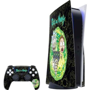 skinit decal gaming skin compatible with ps5 console and controller - officially licensed warner bros rick and morty portal travel design