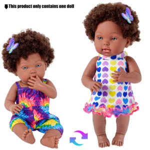 dollbie 14 Inch Reborn Baby Dolls Black African American Baby Doll with Hair Doll & Accessories (1 Doll+2 Sets Clothes+7 Pcs Accessories)