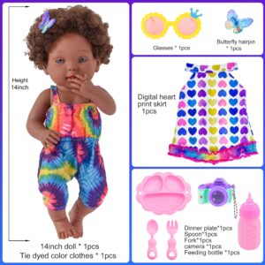 dollbie 14 Inch Reborn Baby Dolls Black African American Baby Doll with Hair Doll & Accessories (1 Doll+2 Sets Clothes+7 Pcs Accessories)