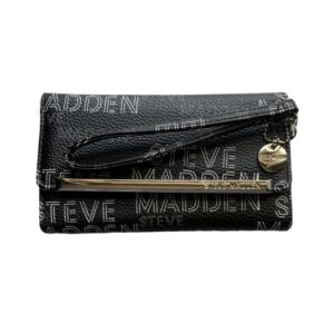 steve madden logobar trifold wallet wristlet (blk/blk)