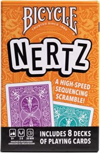 bicycle nertz playing card game, 8 decks of playing cards, fast, fun, competitive multiplayer solitaire game, up to 8 players, jumbo index