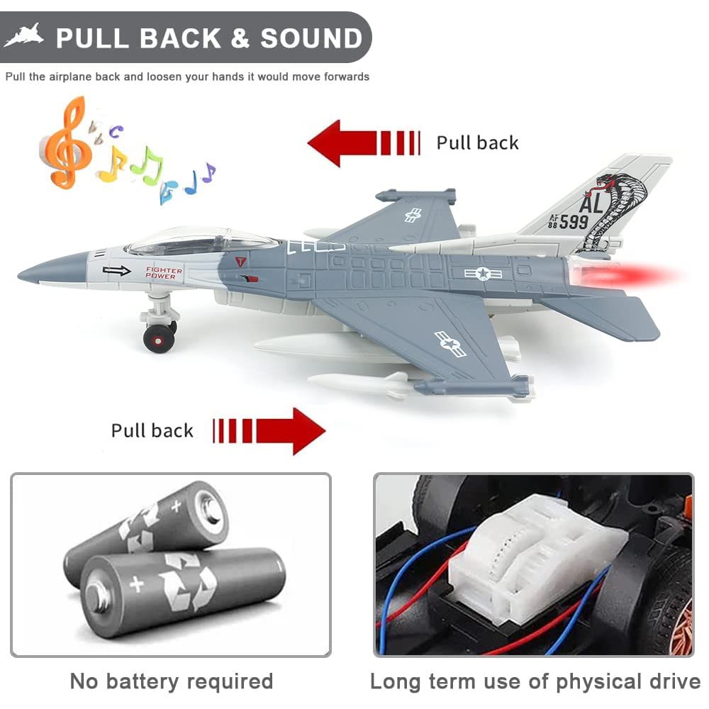 F16 Airplane Toy, Fighter Jet Toy for Kids, Pull Back Toy Jets, Diecast Airplanes Model with Light & Sound, Metal Airplane Gifts for Kids Decor