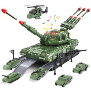 tank toys for 3 4 5 6 7 8 year old boys - army toys tank with 6pcs alloy die-cast army vehicles, kids military tank with light, sound & missiles shooting, christmas birthday gift for kids