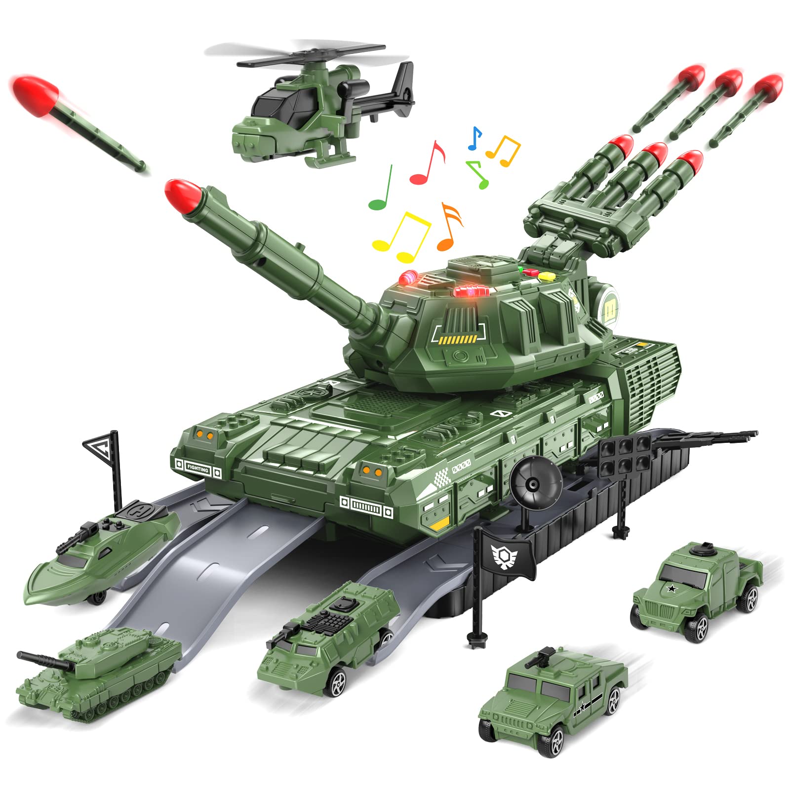 Tank Toys for 3 4 5 6 7 8 Year Old Boys - Army Toys Tank with 6PCS Alloy Die-Cast Army Vehicles, Kids Military Tank with Light, Sound & Missiles Shooting, Christmas Birthday Gift for Kids