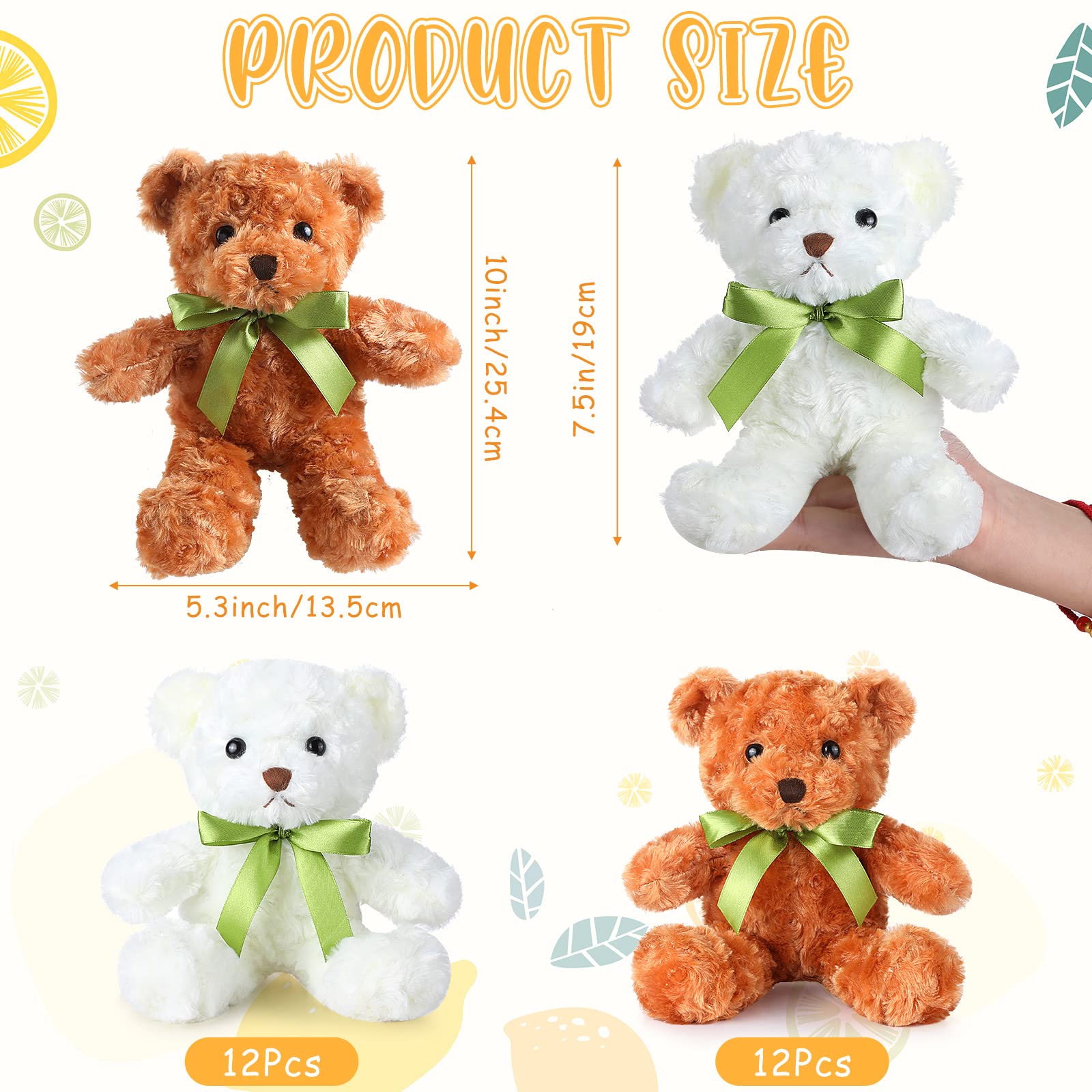 HyDren 24 Pcs Bear Bulk Plush Stuffed Animals 10 Inch Cute Soft Stuffed Bear with Green Bow for Baby Shower Birthday Gift Party (Light Brown, White)