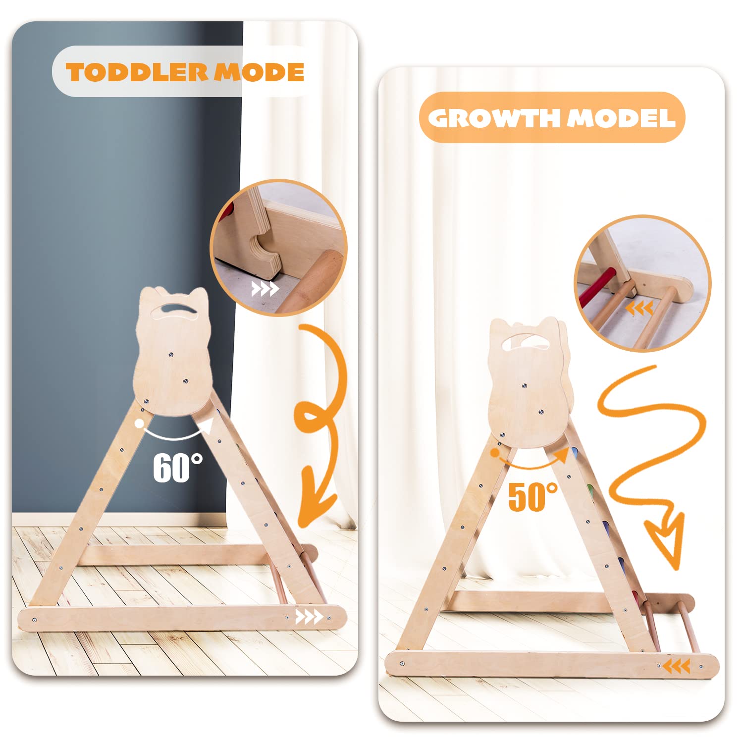 Ascism 5 in 1 Pikler Triangle Set - Montessori Climbing Set, Baby Climbing Toys Indoor Playground, Large Size Adjustable Climbing Slope Wooden Toddler Climbing Set Suitable for Children Aged 0-8