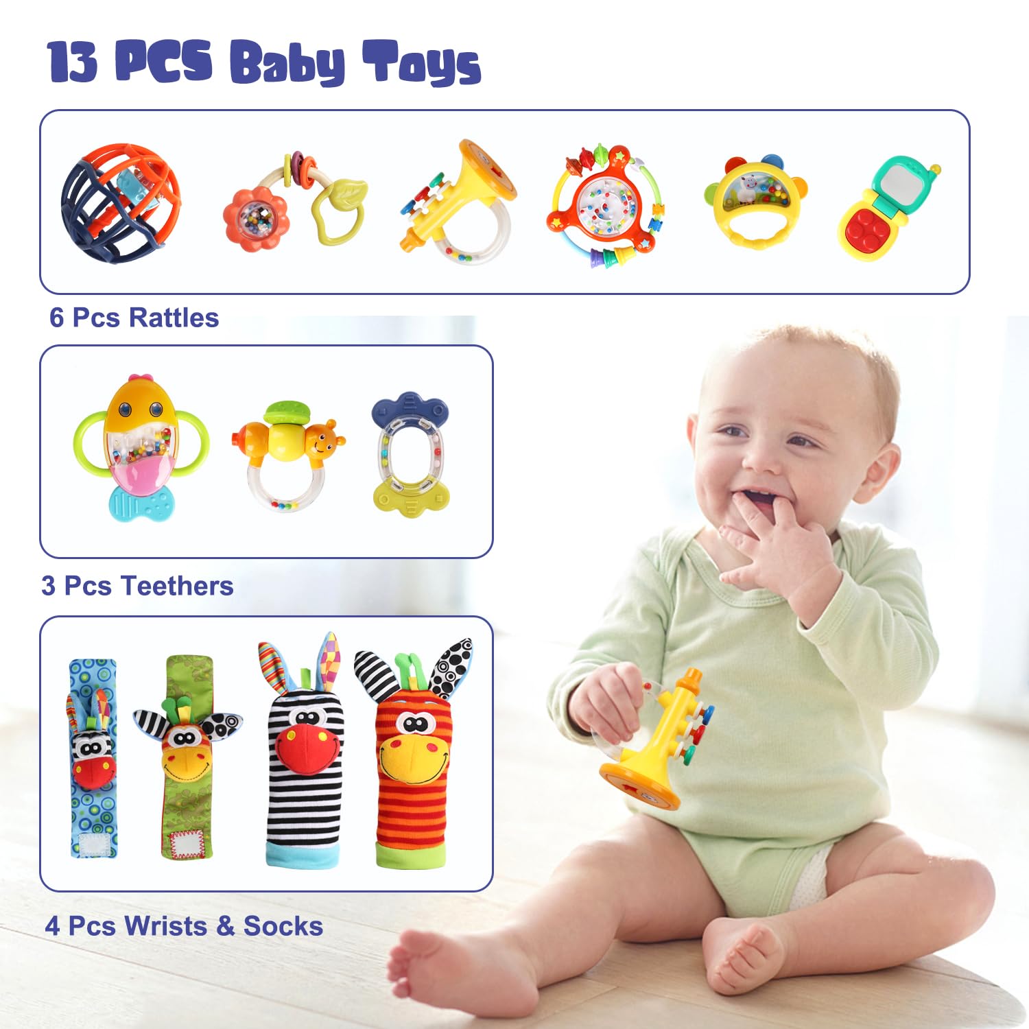 Baby Rattles 0-6 Months,Baby Toys 0-6 Months,Baby Rattle Toys,Teething and Wrist Socks Rattle, Infant Grab and Spin Shake Rattles, Newborn Toys for 0 1 2 3 4 5 6+ Month Babies Boy Girl Bebe