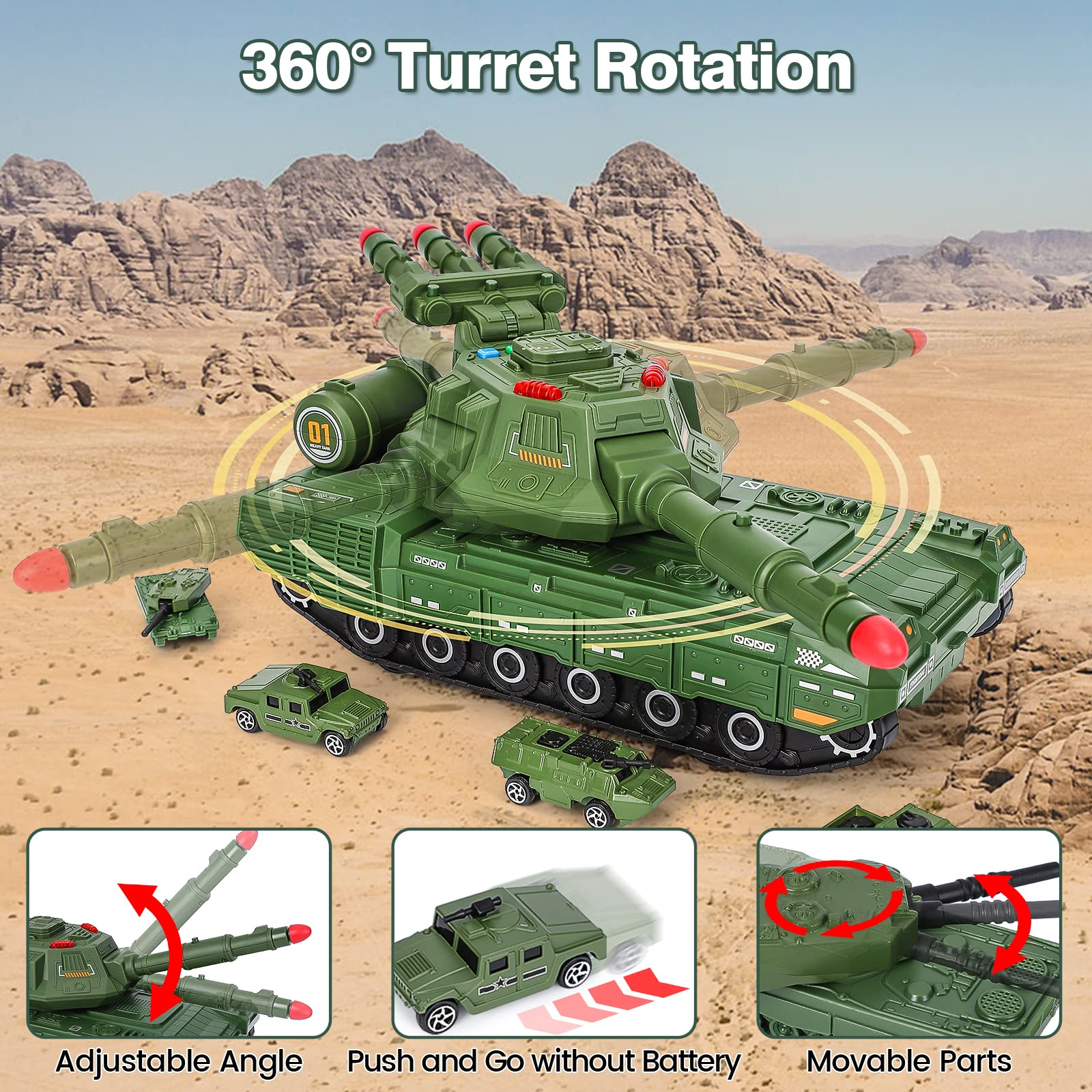 Tank Toys for 3 4 5 6 7 8 Year Old Boys - Army Toys Tank with 6PCS Alloy Die-Cast Army Vehicles, Kids Military Tank with Light, Sound & Missiles Shooting, Christmas Birthday Gift for Kids