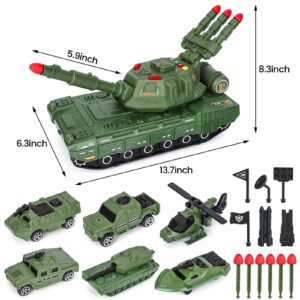 Tank Toys for 3 4 5 6 7 8 Year Old Boys - Army Toys Tank with 6PCS Alloy Die-Cast Army Vehicles, Kids Military Tank with Light, Sound & Missiles Shooting, Christmas Birthday Gift for Kids