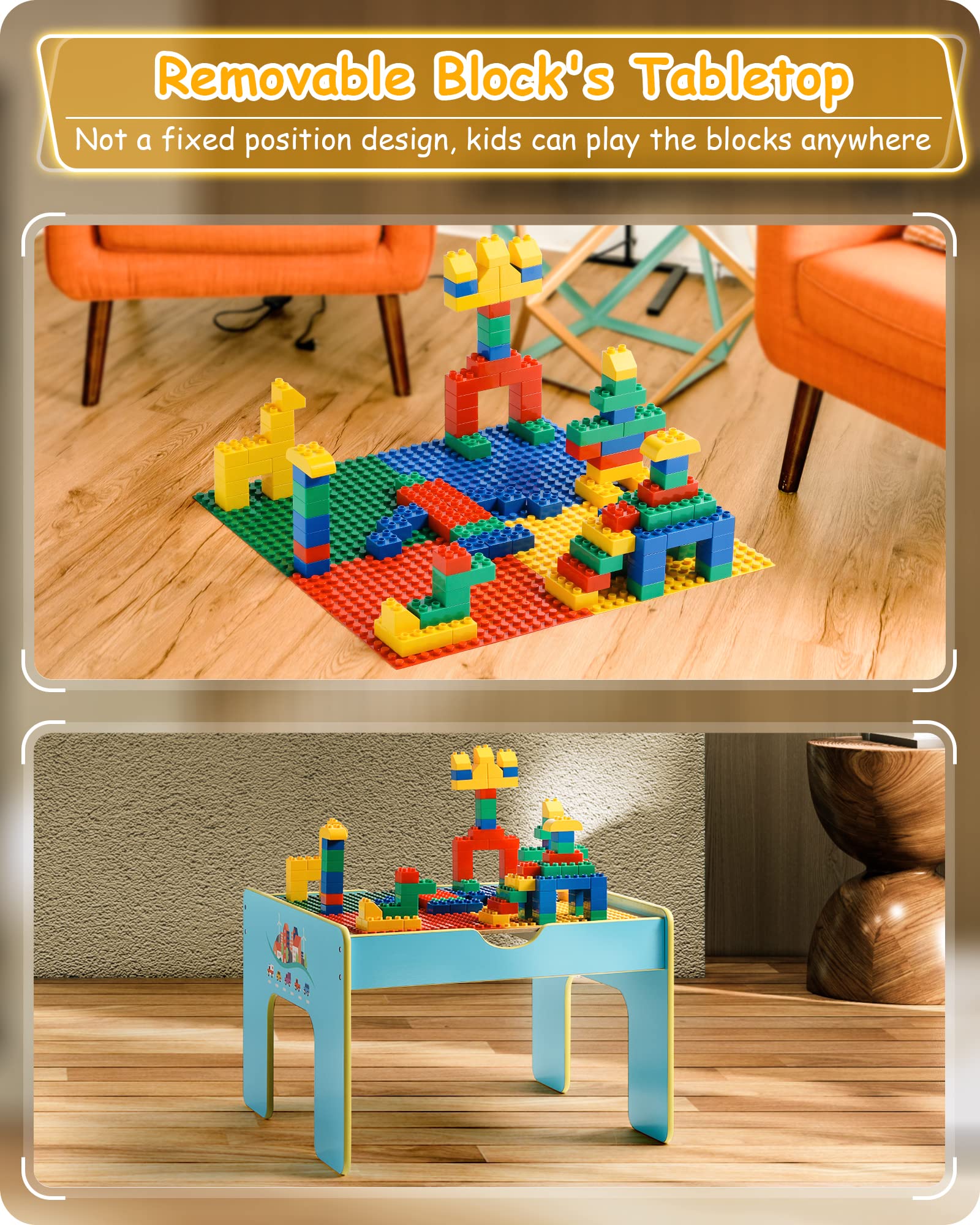 SainSmart Jr. Wooden Train Activity Table 116pcs, 3-in-1 Kids Playset with Large Building Blocks, Track Set and Reversible Top for Toddlers